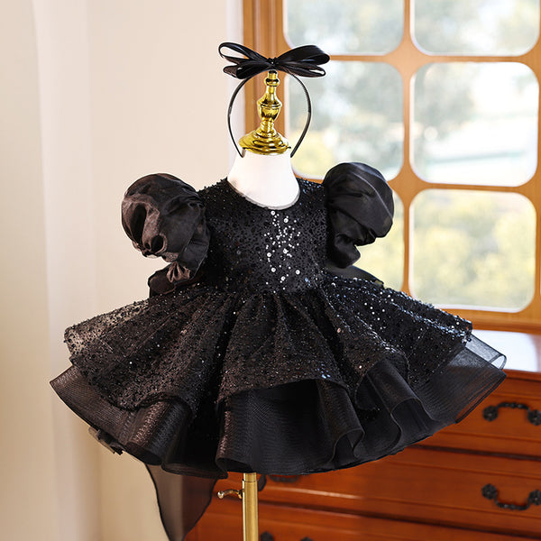 Children's Black Birthday Dress Girls Puff Sleeve Princess Dress – marryshe