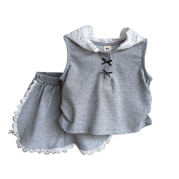 Girls Summer Suit Gray Lace Set Two-piece Set – marryshe