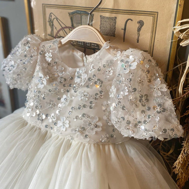 Flower Girl Dress Toddler Pageant Dress White Sequin Mesh Fluffy Princ ...