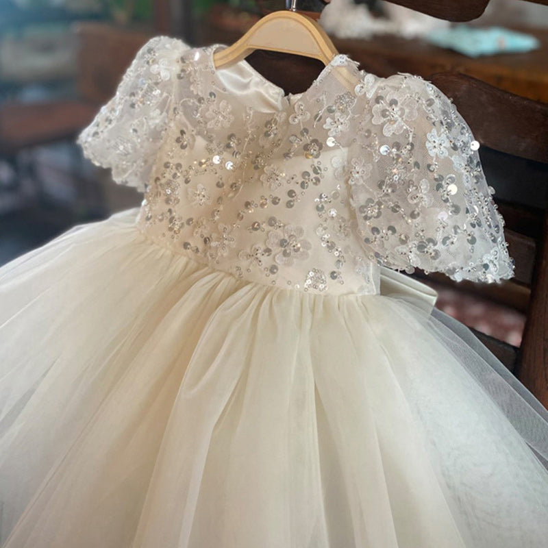 Flower Girl Dress Toddler Pageant Dress White Sequin Mesh Fluffy Princ ...