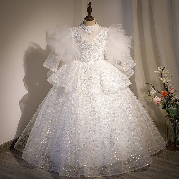 Girl First Communion Dress Flower Girls Princess White Sequin Puffy Pa ...